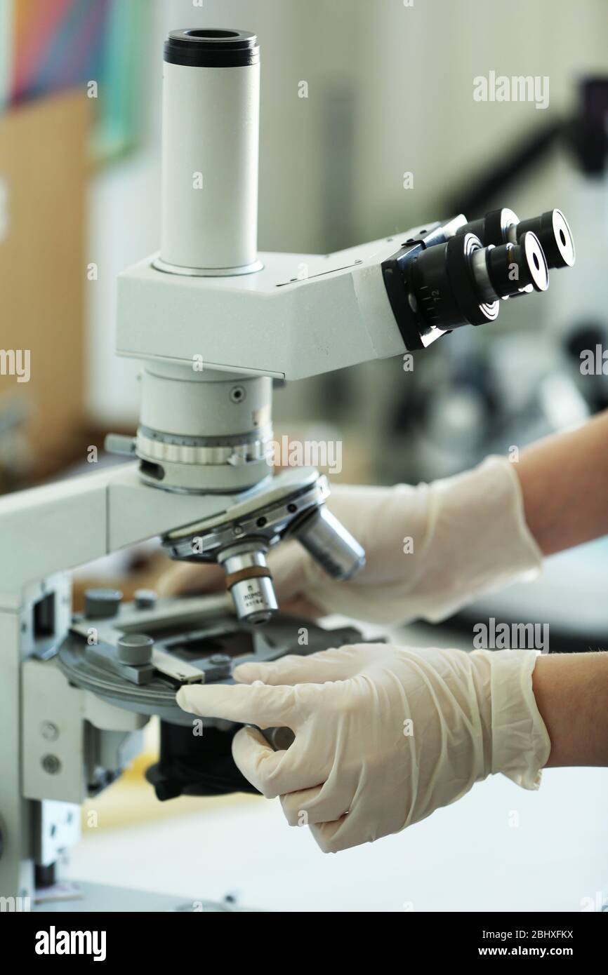 Scientific microscope lens close-up in laboratory Stock Photo - Alamy