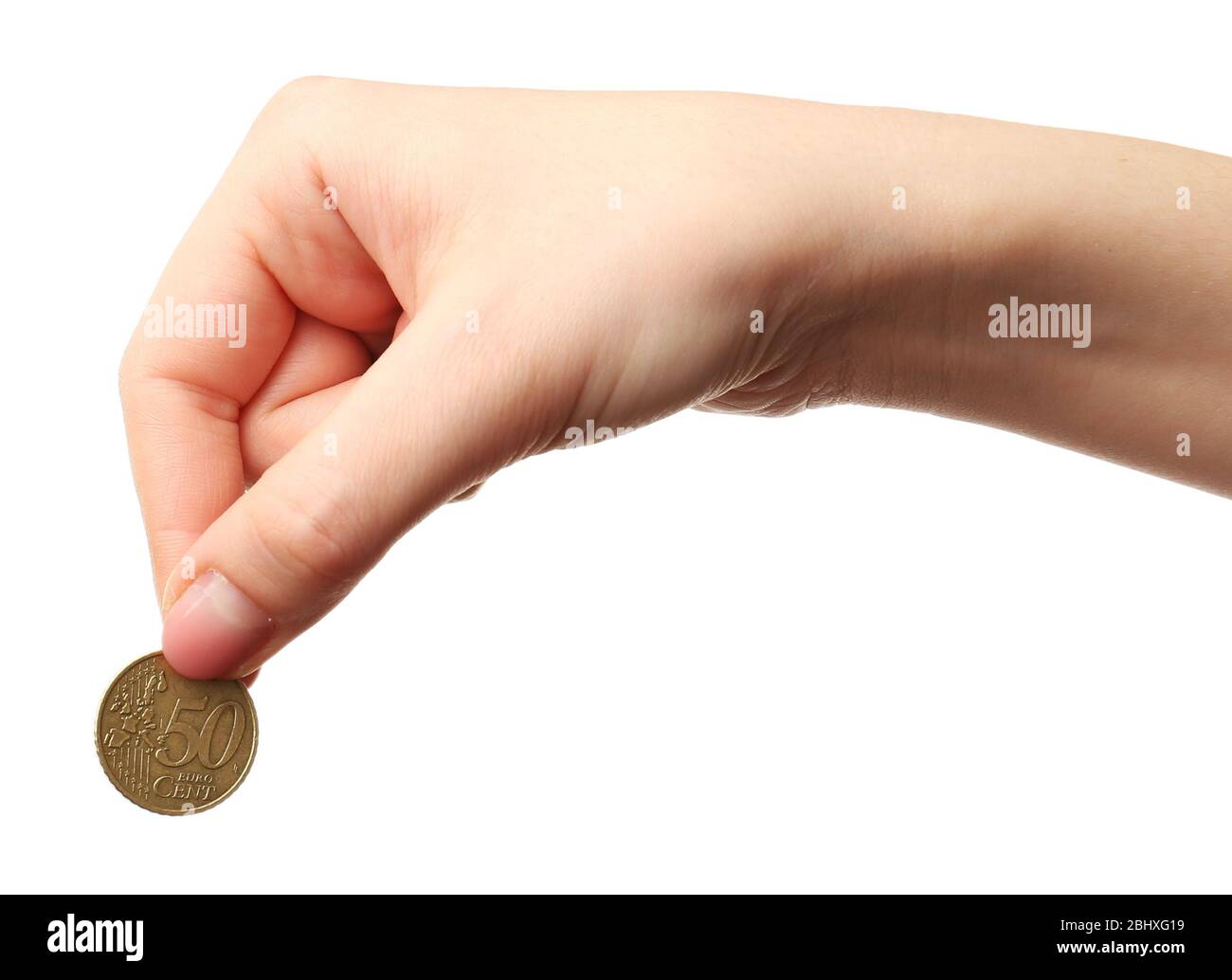 Female hand with coin isolated on white Stock Photo - Alamy