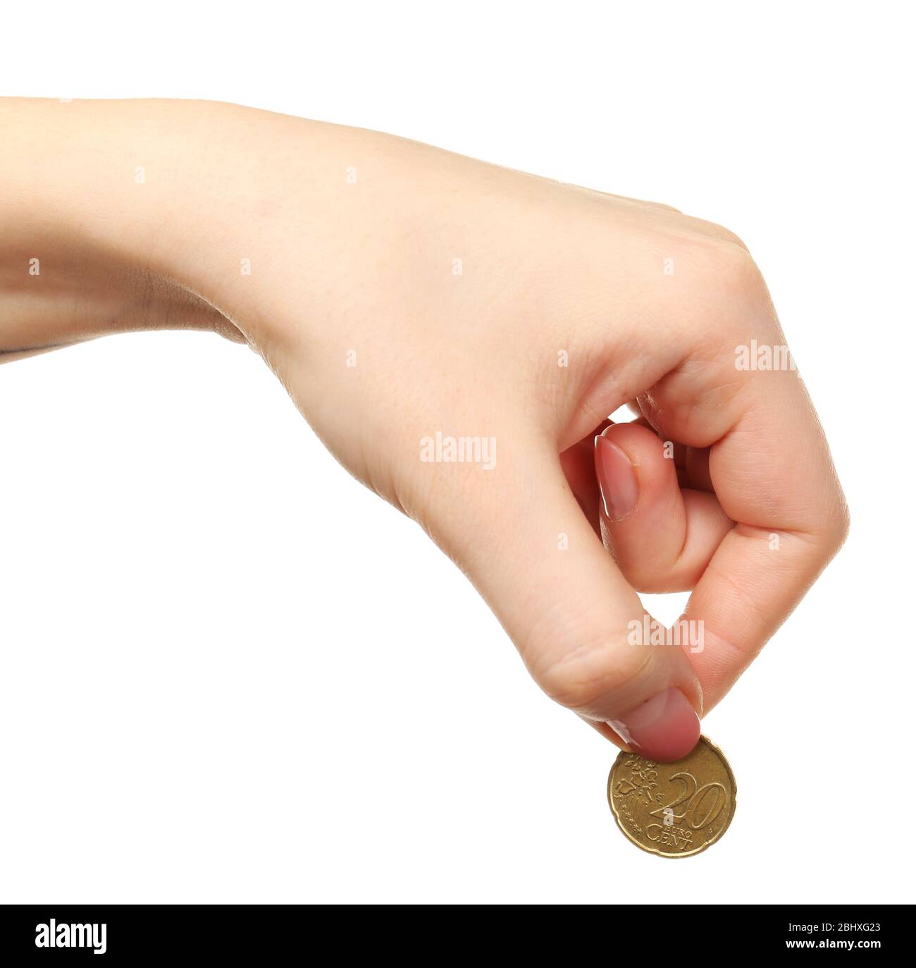 Female hand with coin isolated on white Stock Photo - Alamy