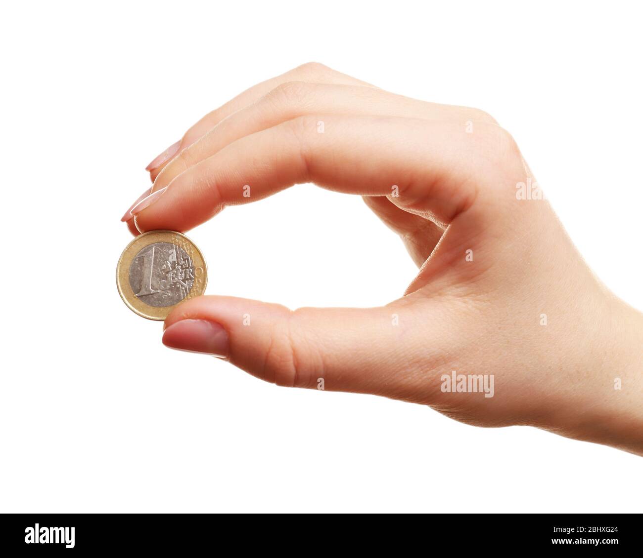 Female hand with coin isolated on white Stock Photo - Alamy