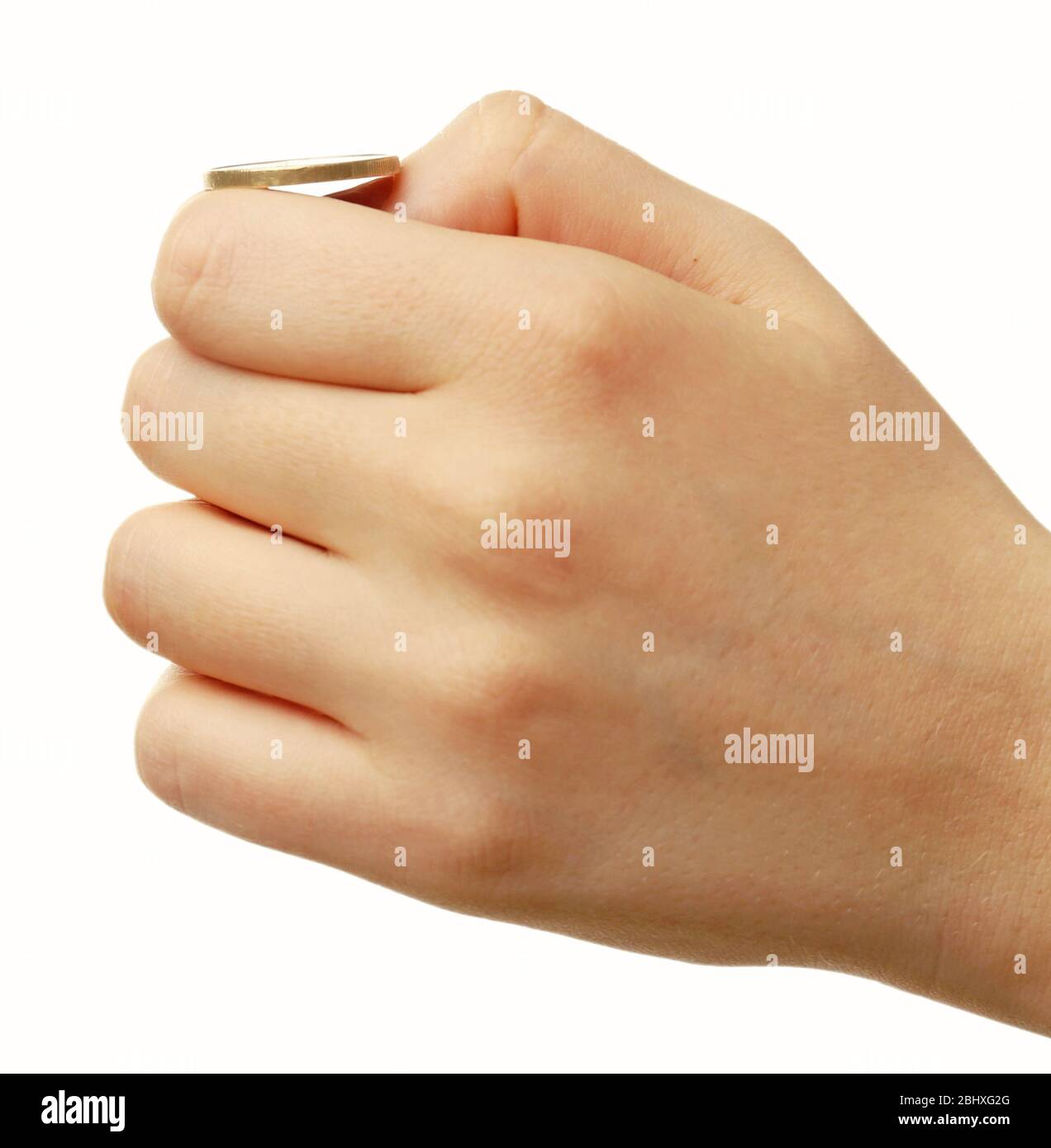 Female hand with coin isolated on white Stock Photo - Alamy