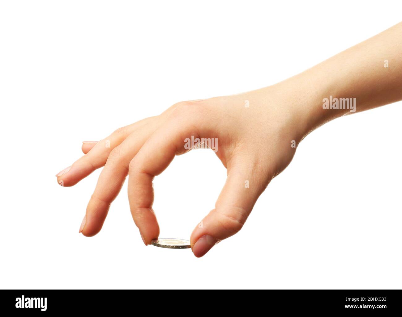 Female hand with coin isolated on white Stock Photo - Alamy