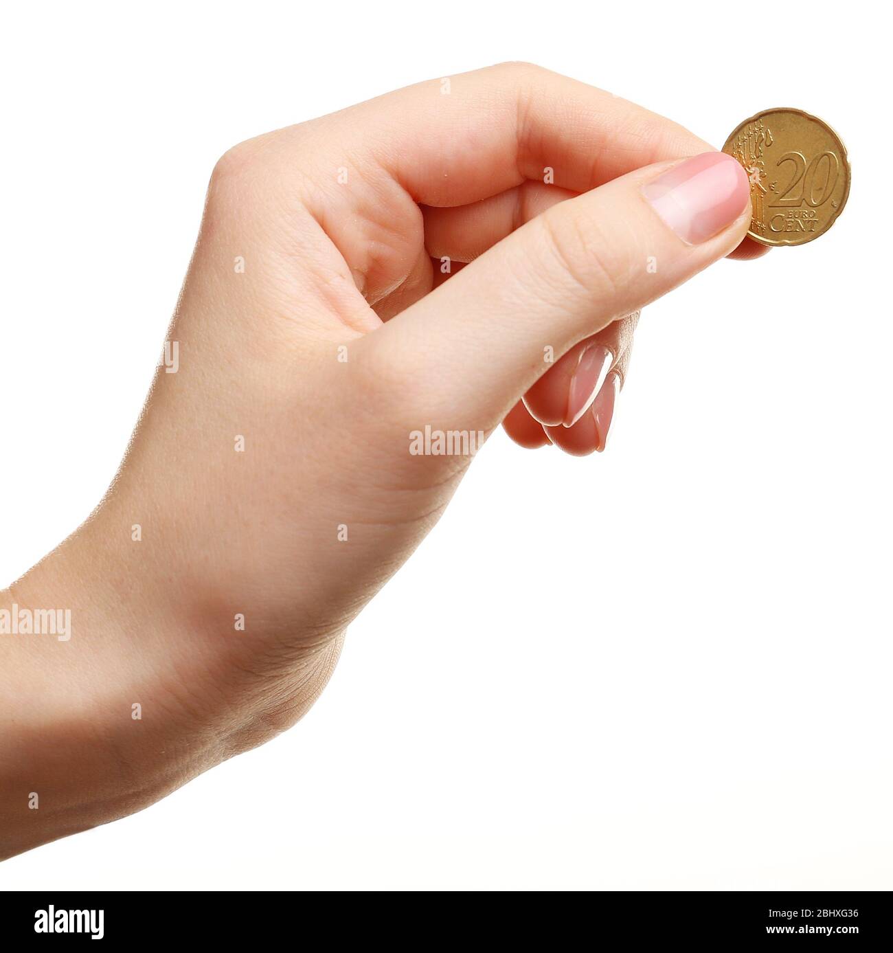 Female hand with coin isolated on white Stock Photo - Alamy
