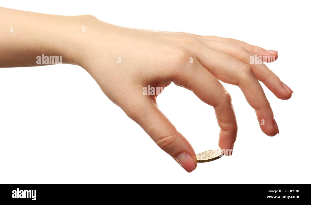 Female hand with coin isolated on white Stock Photo - Alamy