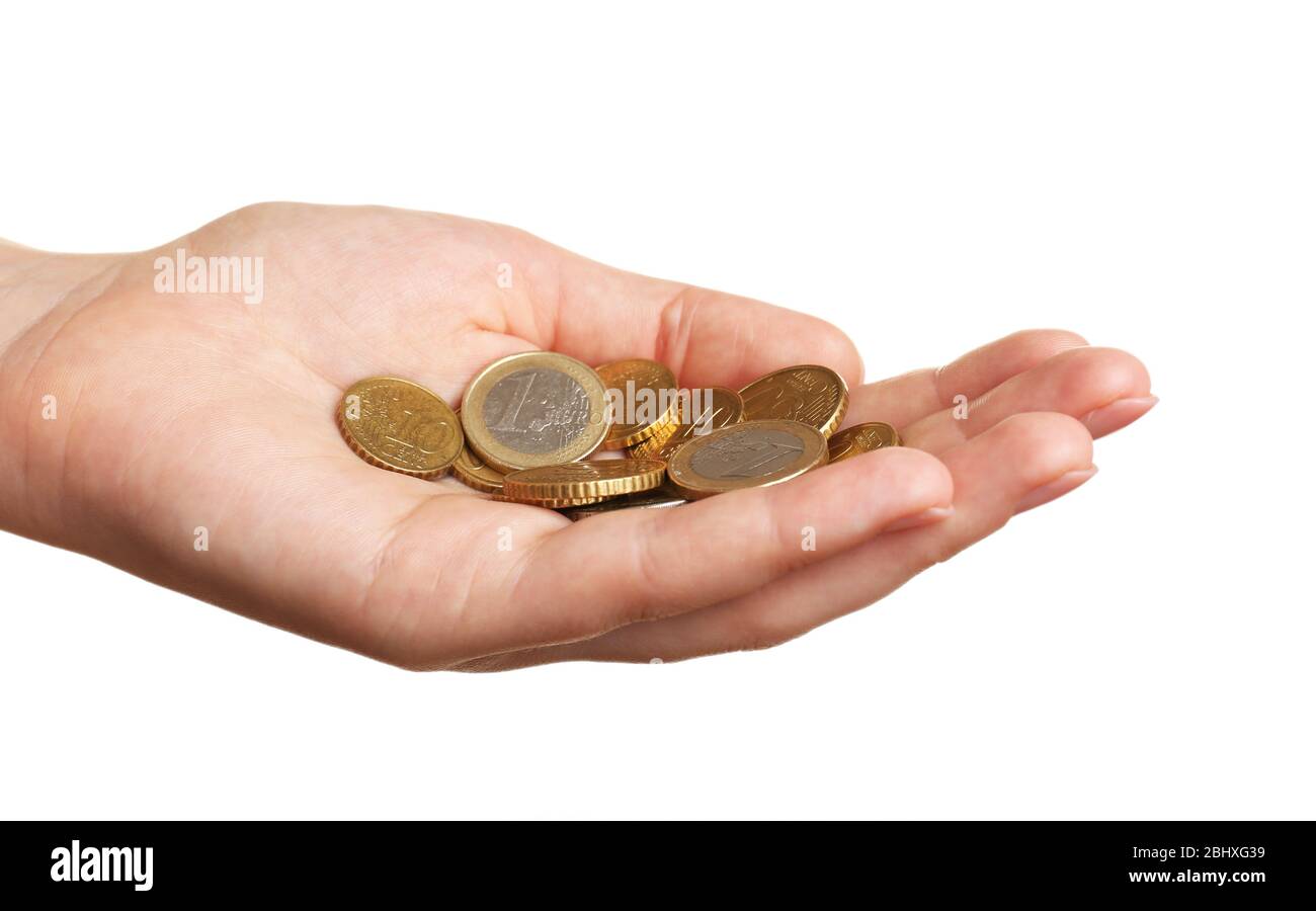 Female hand with coins isolated on white Stock Photo - Alamy