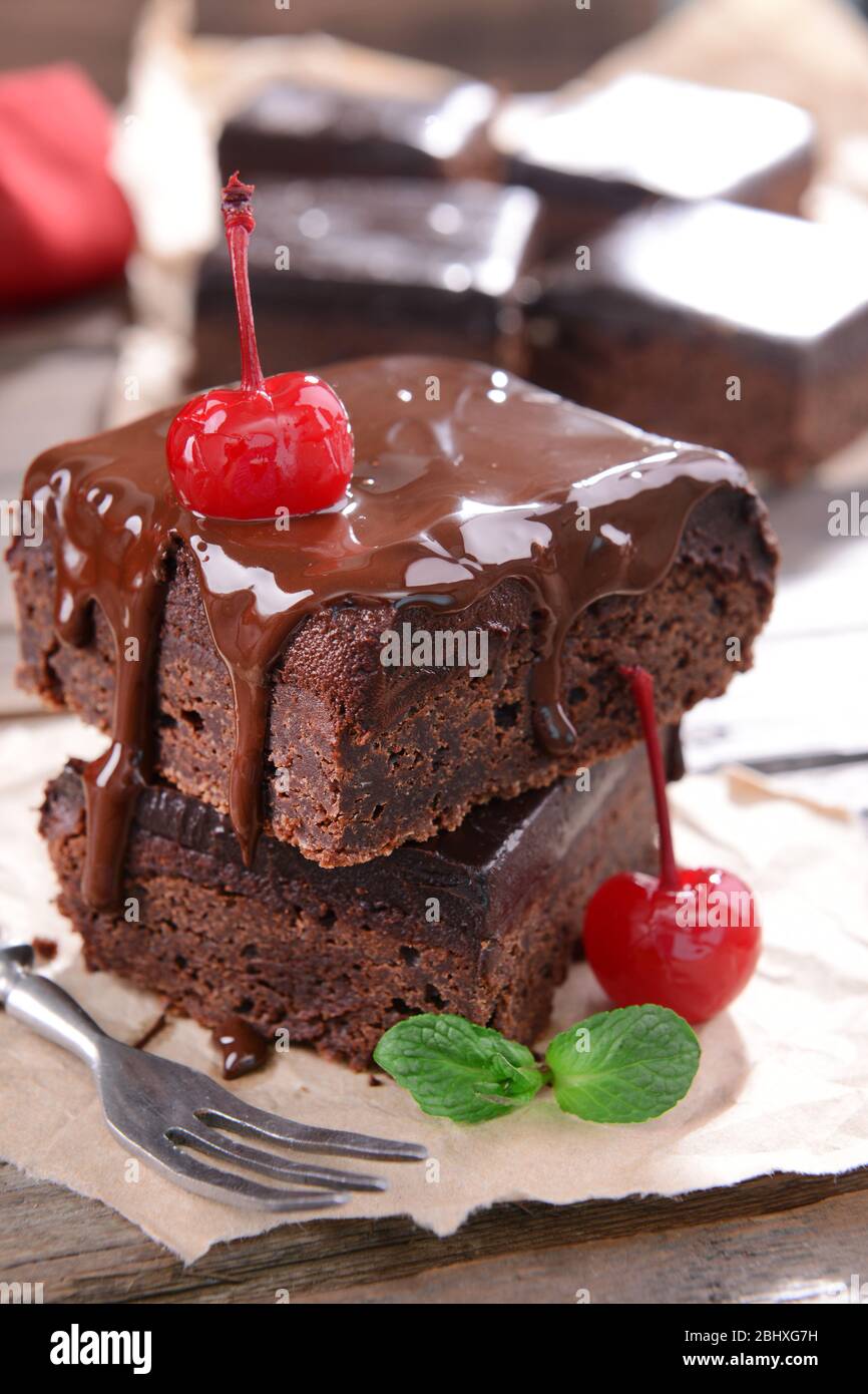 Delicious chocolate cakes on table close-up Stock Photo - Alamy