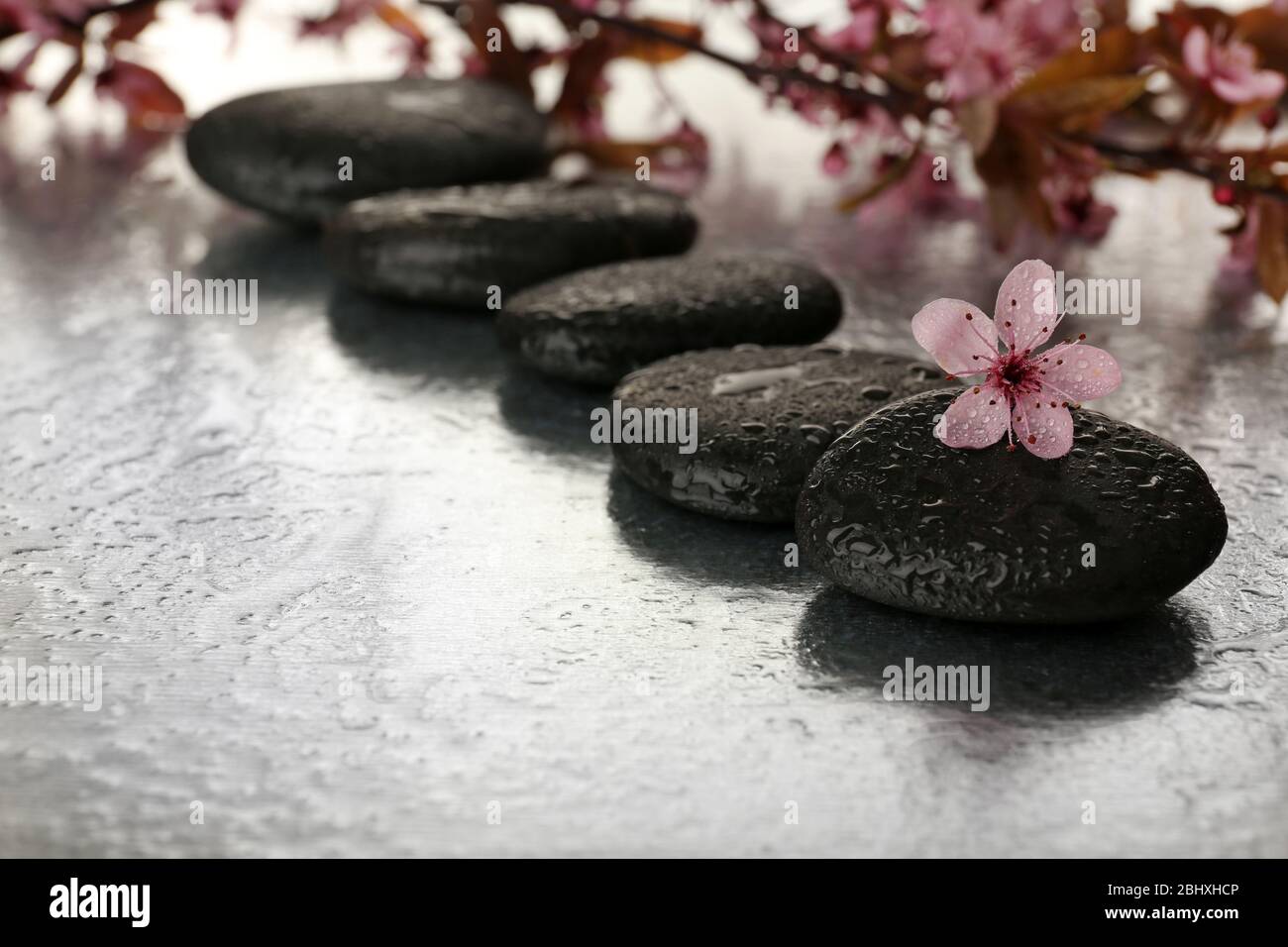 Spa stones with spring flowers on table close up Stock Photo - Alamy