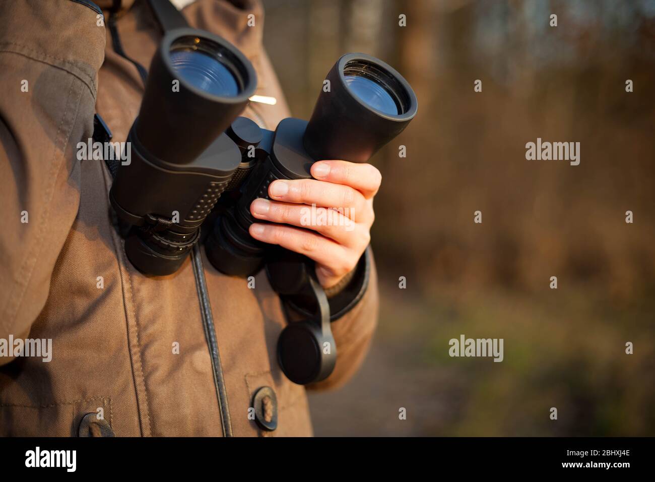 Pretty young woman looking after some animals by black telescope in ...