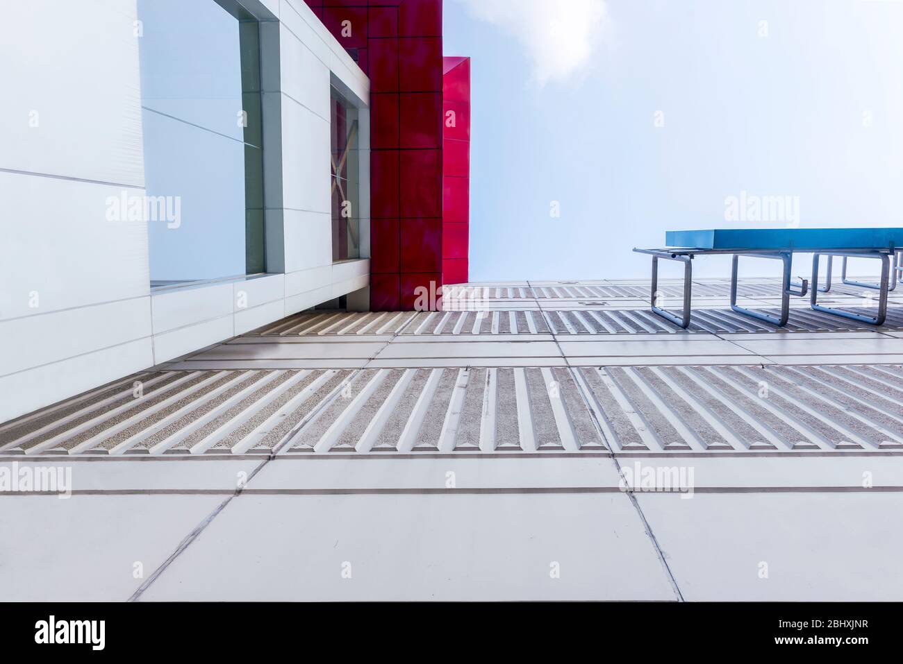 Close up view of shopping mall exterior over blue sky background Stock ...