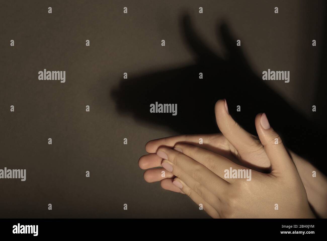 Shadow of female hands forming animal face on dark background Stock ...