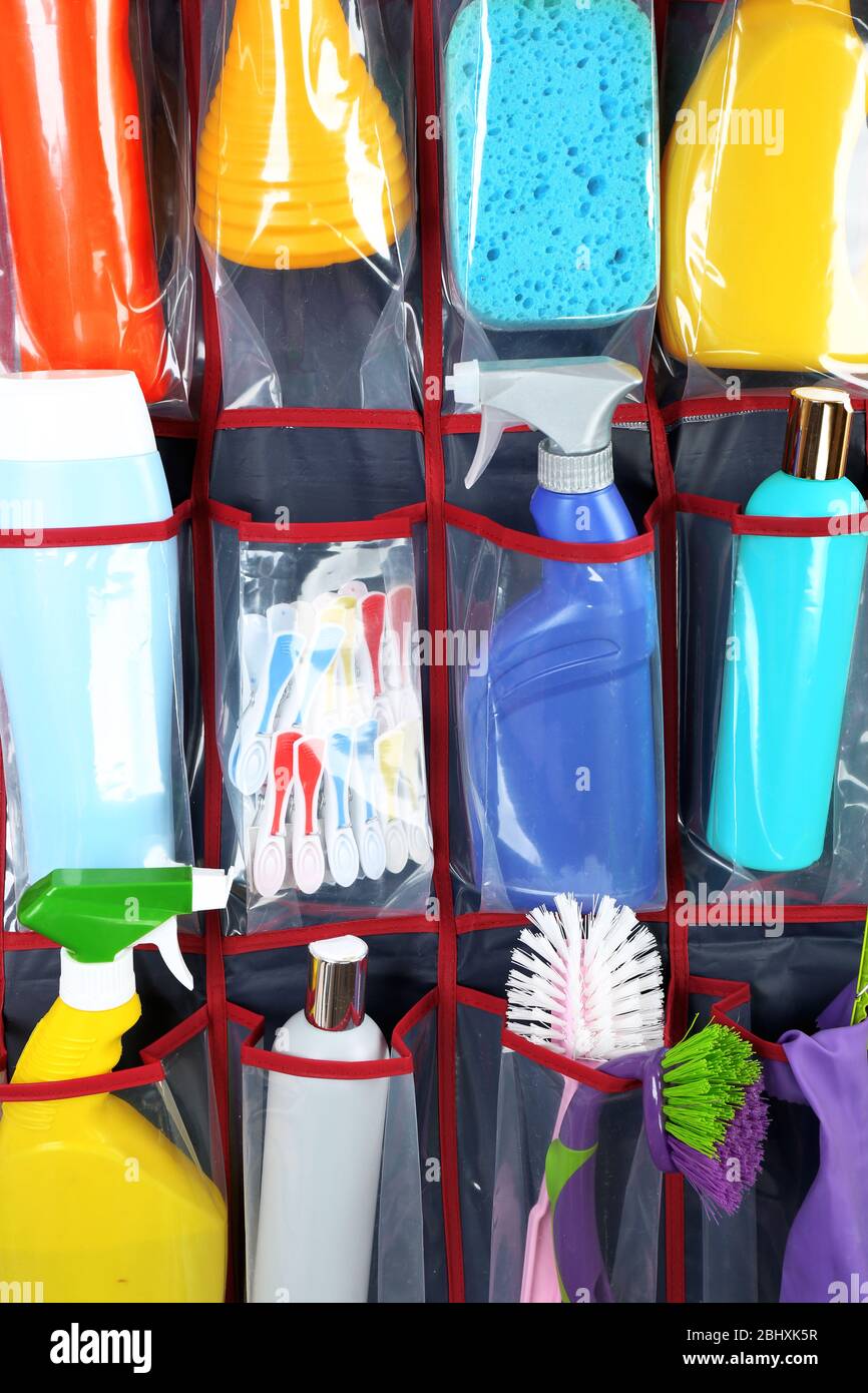 Household chemicals in holder, closeup Stock Photo - Alamy