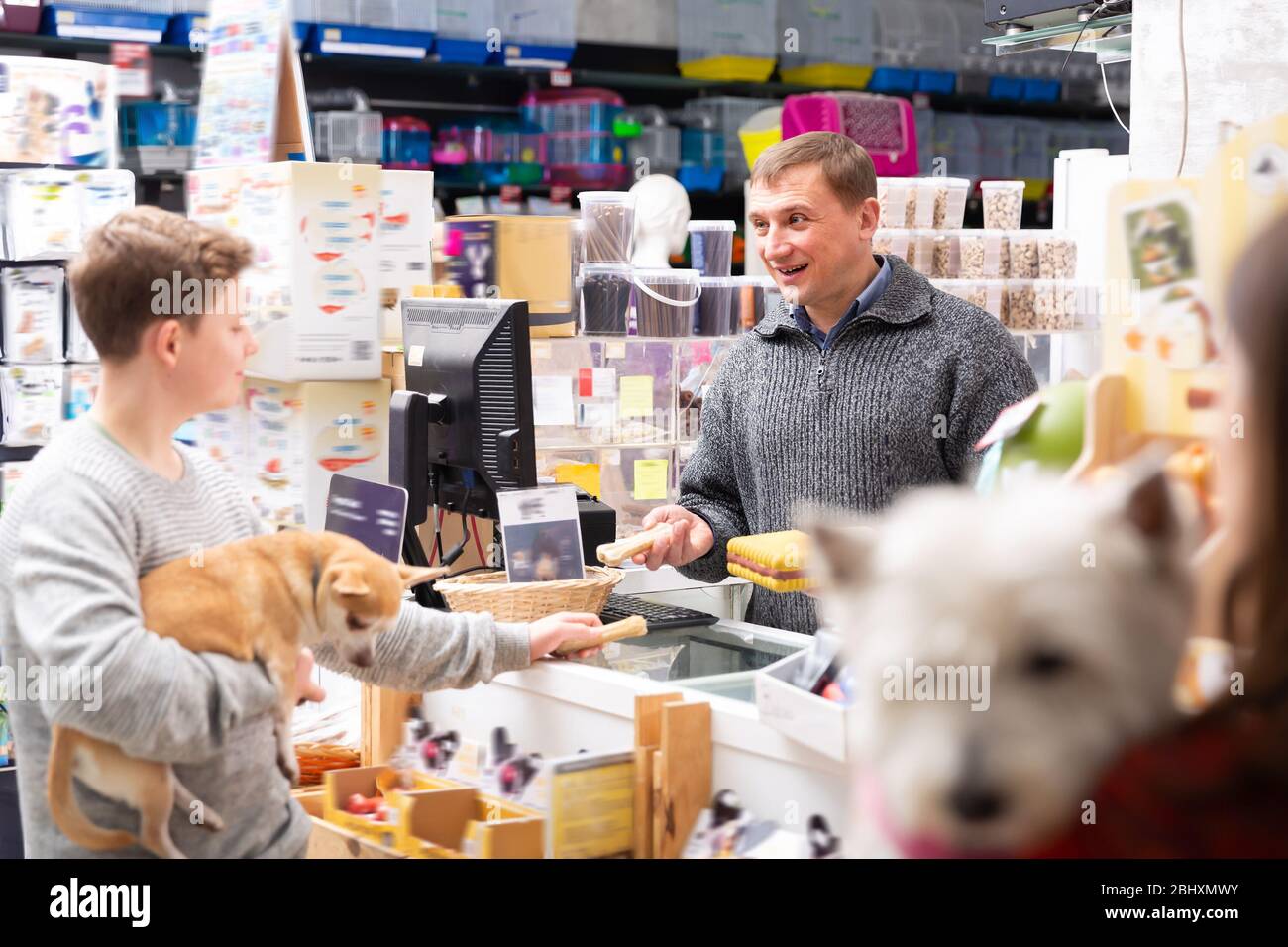 Cheerful positive seller offering goods to customer teenager in pet ...