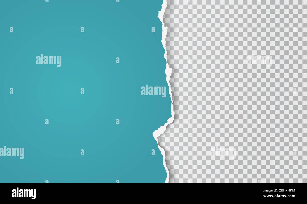 Torn, ripped piece of vertical blue paper with soft shadow are on ...