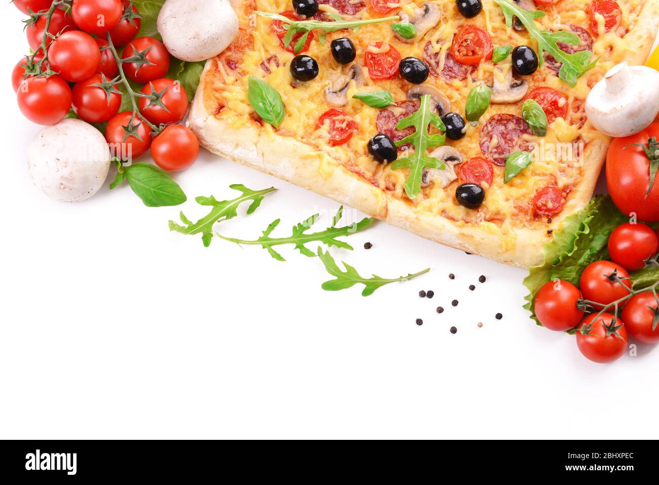 Delicious homemade pizza on white background Stock Photo - Alamy