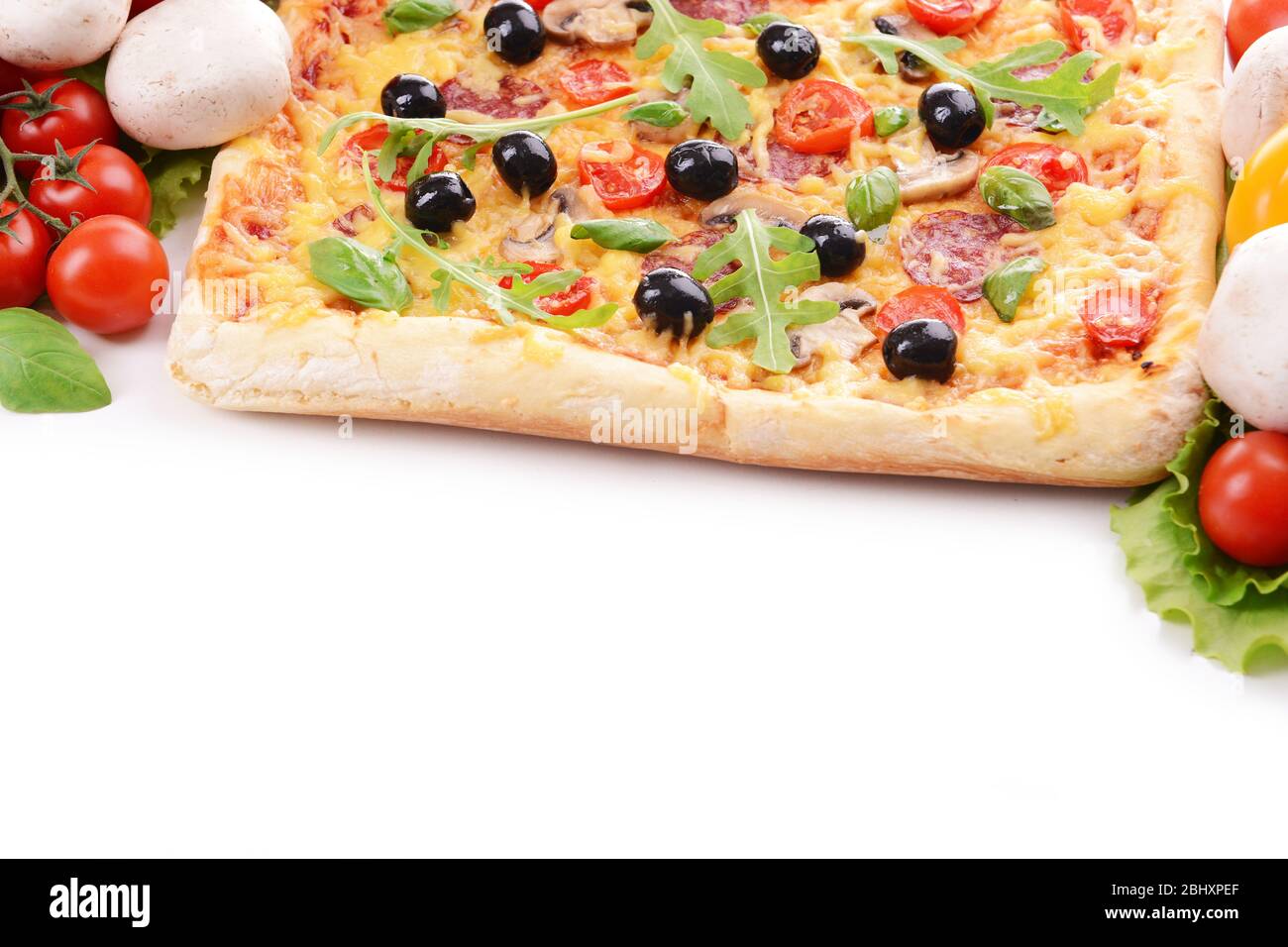 Delicious homemade pizza on white background Stock Photo - Alamy