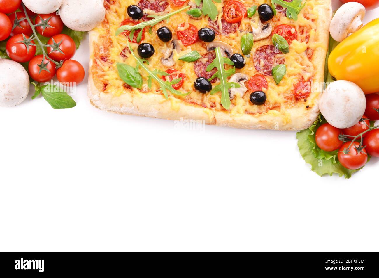 Delicious homemade pizza on white background Stock Photo - Alamy