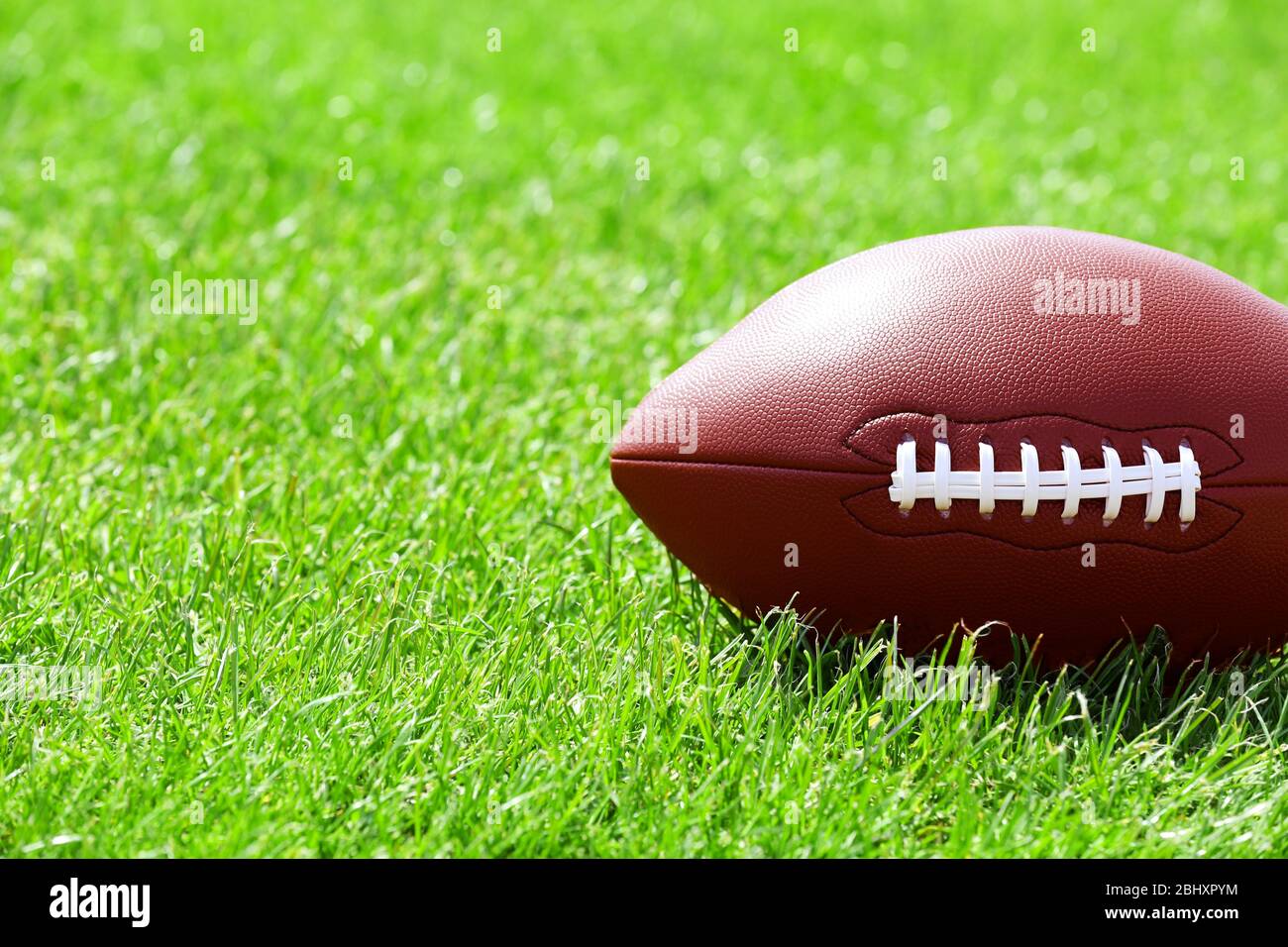 Rugby ball on green field Stock Photo - Alamy