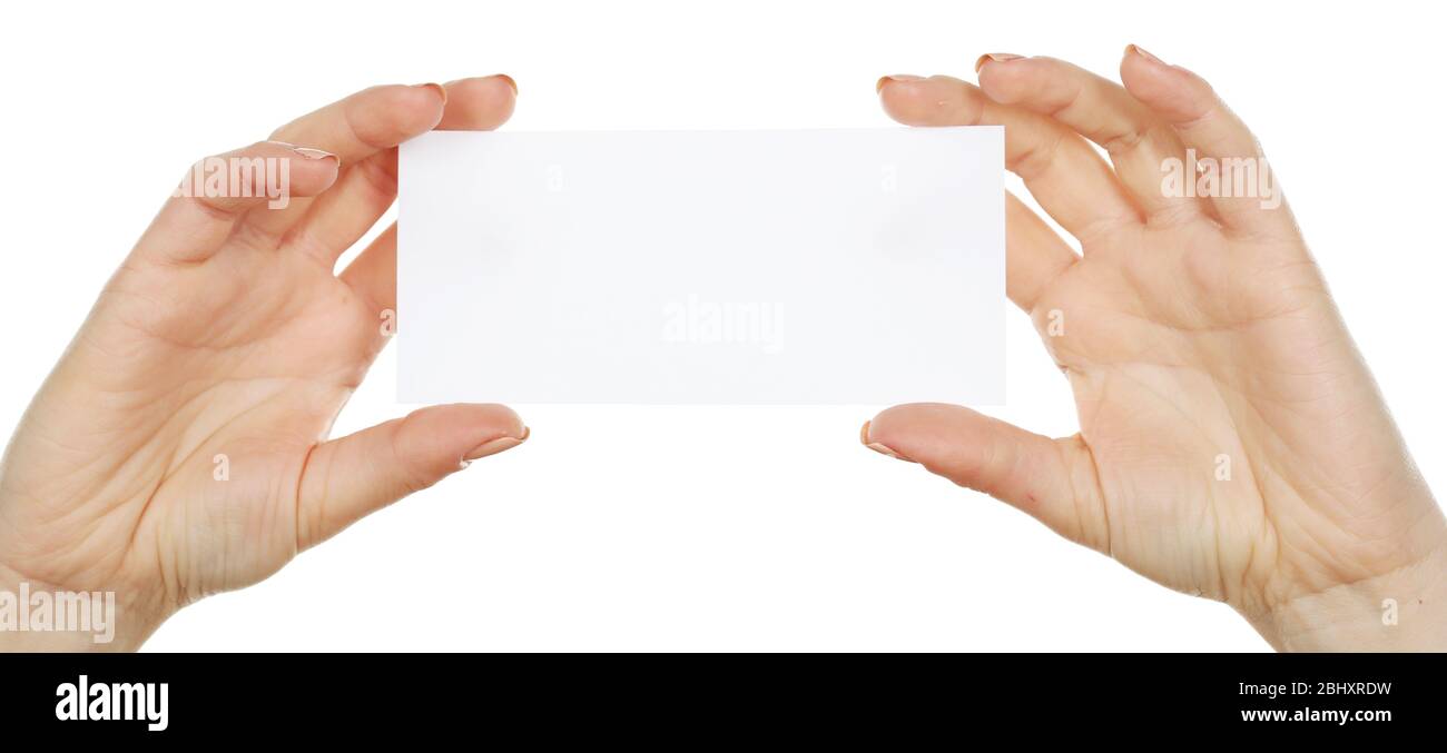 Hands holding blank card isolated on white Stock Photo - Alamy