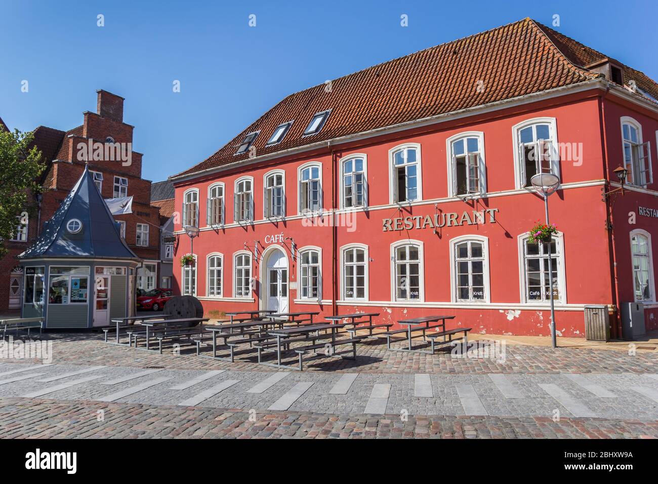Colorful restaurant at the Torvet square in Tonder, Denmark Stock Photo ...
