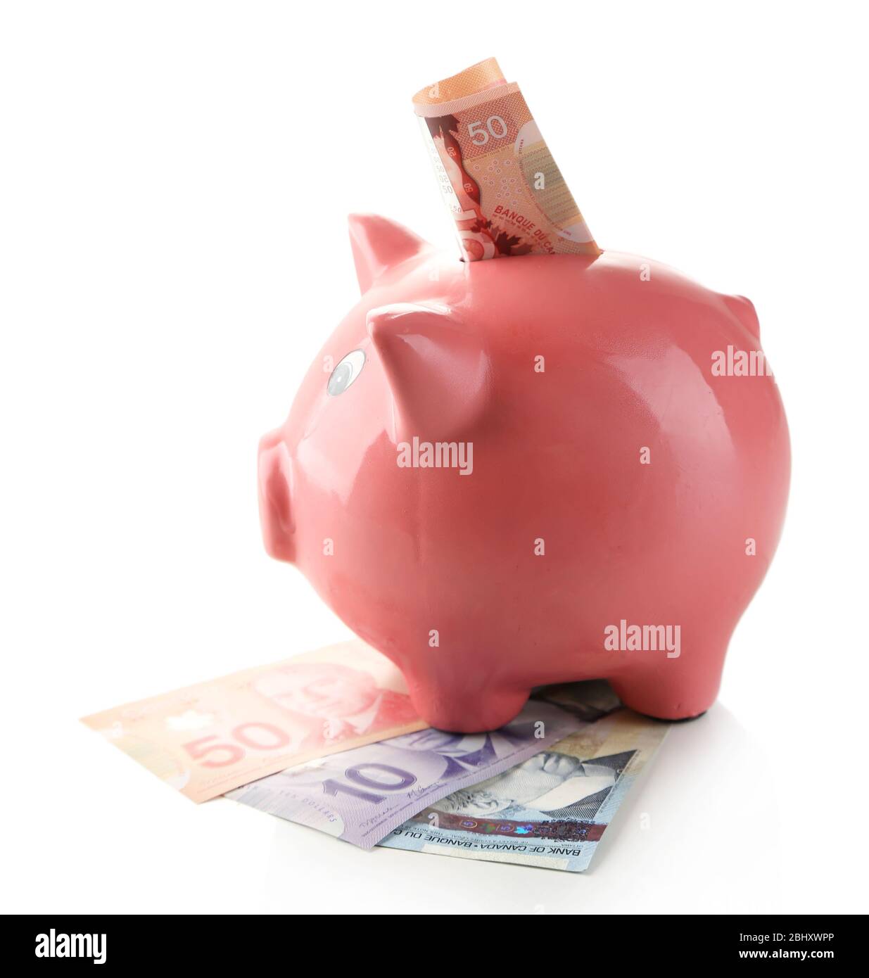 Piggy bank with Canadian dollars, isolated on white Stock Photo - Alamy