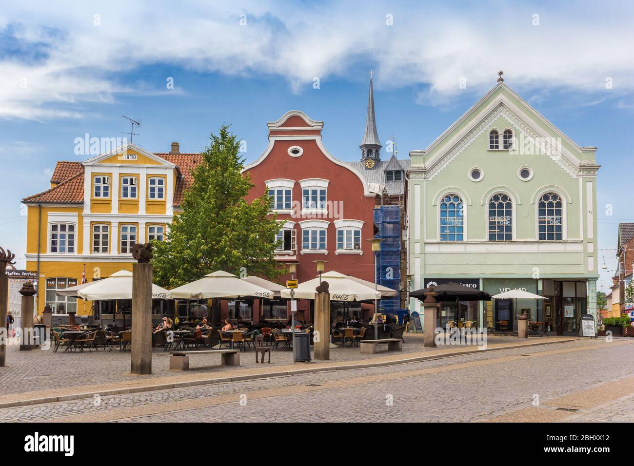 Cafes and restaurants at the central square of Haderslev, Denmark Stock ...