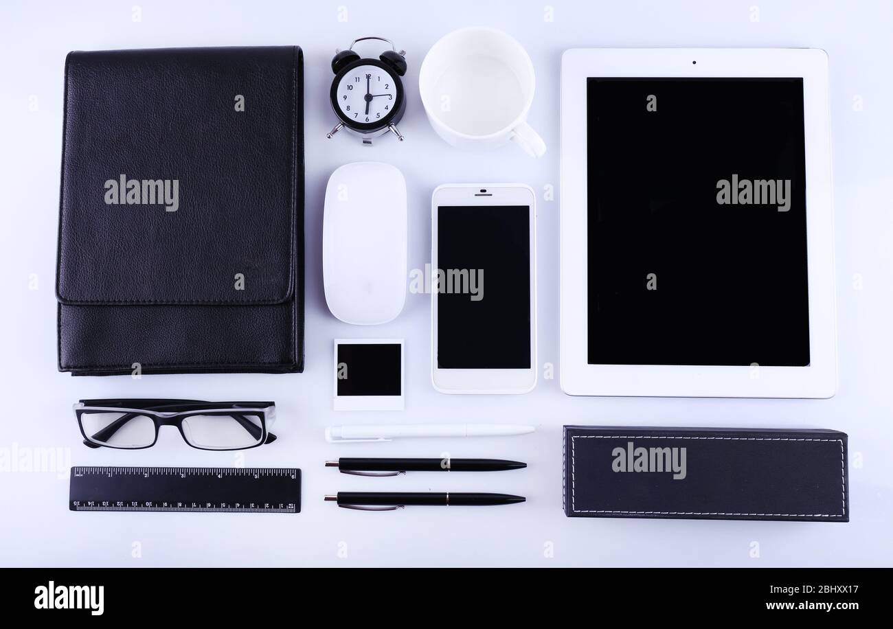 Essentials fashion man objects on light background Stock Photo - Alamy