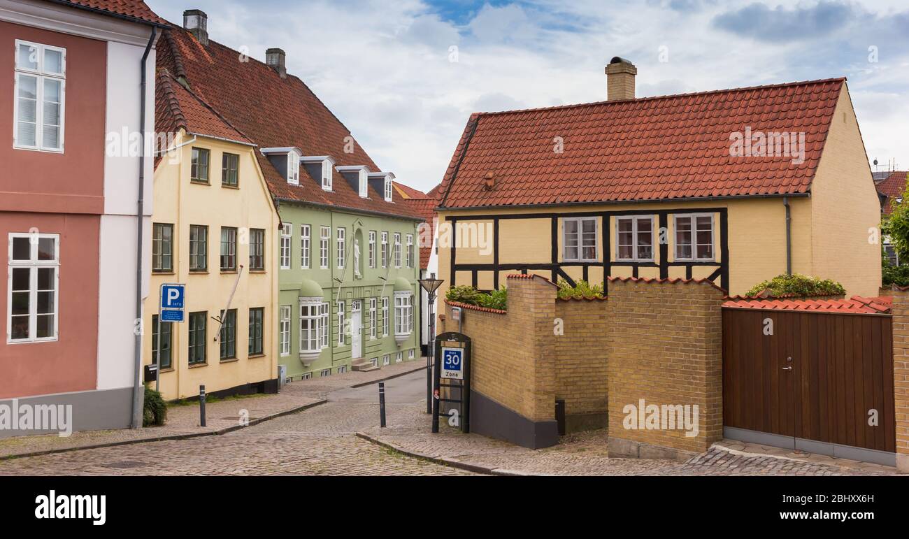 Panorama of historic houses in the center of Haderslev, Denmark Stock ...