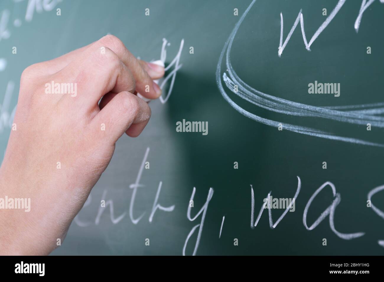 Female hand writing sentences on blackboard with chalk close up Stock ...