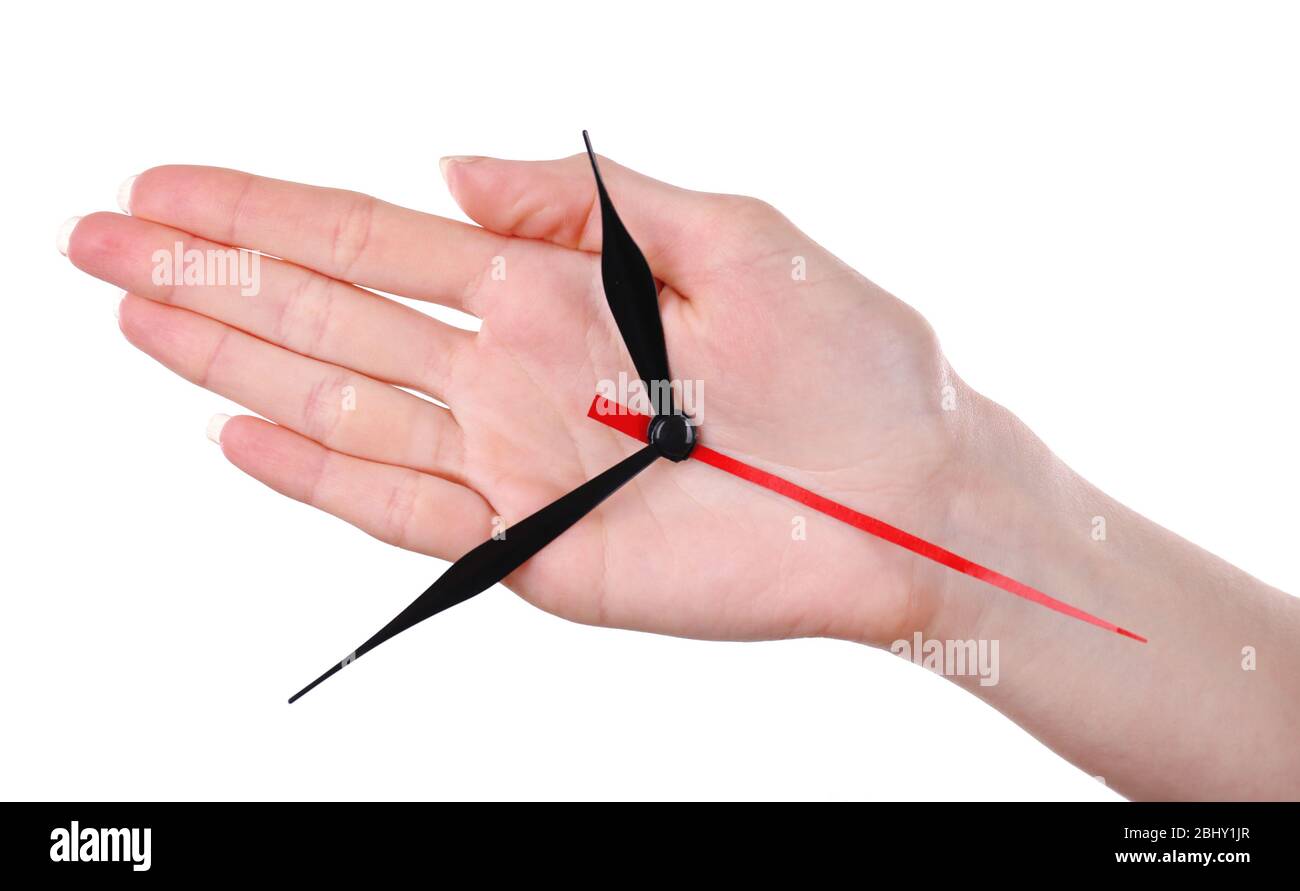 Hand holding clock arrows isolated on white Stock Photo - Alamy