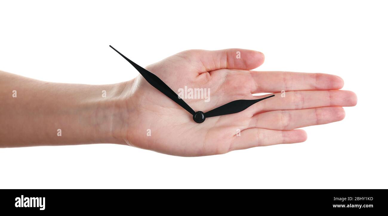 Hand holding clock arrows isolated on white Stock Photo - Alamy