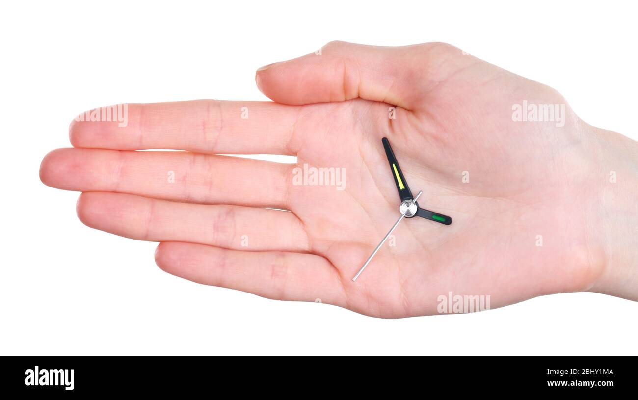 Hand holding clock arrows isolated on white Stock Photo - Alamy