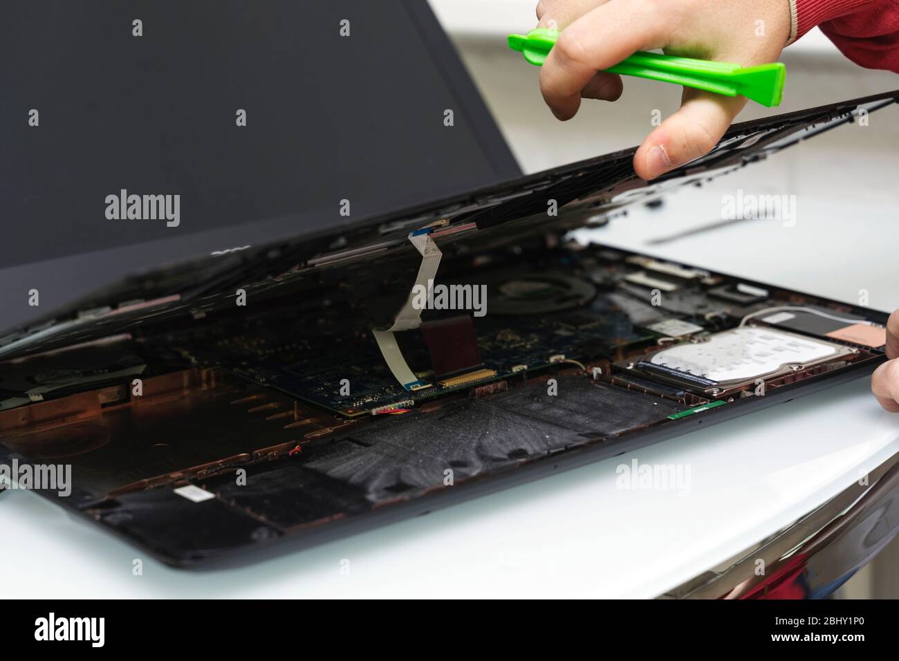 the master opens the laptop. computer repair Stock Photo - Alamy