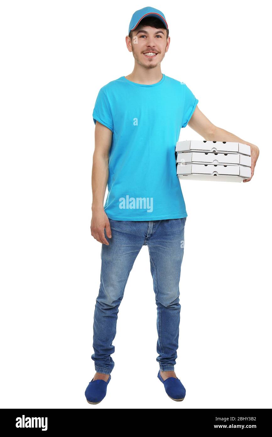 Delivery boy with cardboard pizza box isolated on white Stock Photo - Alamy