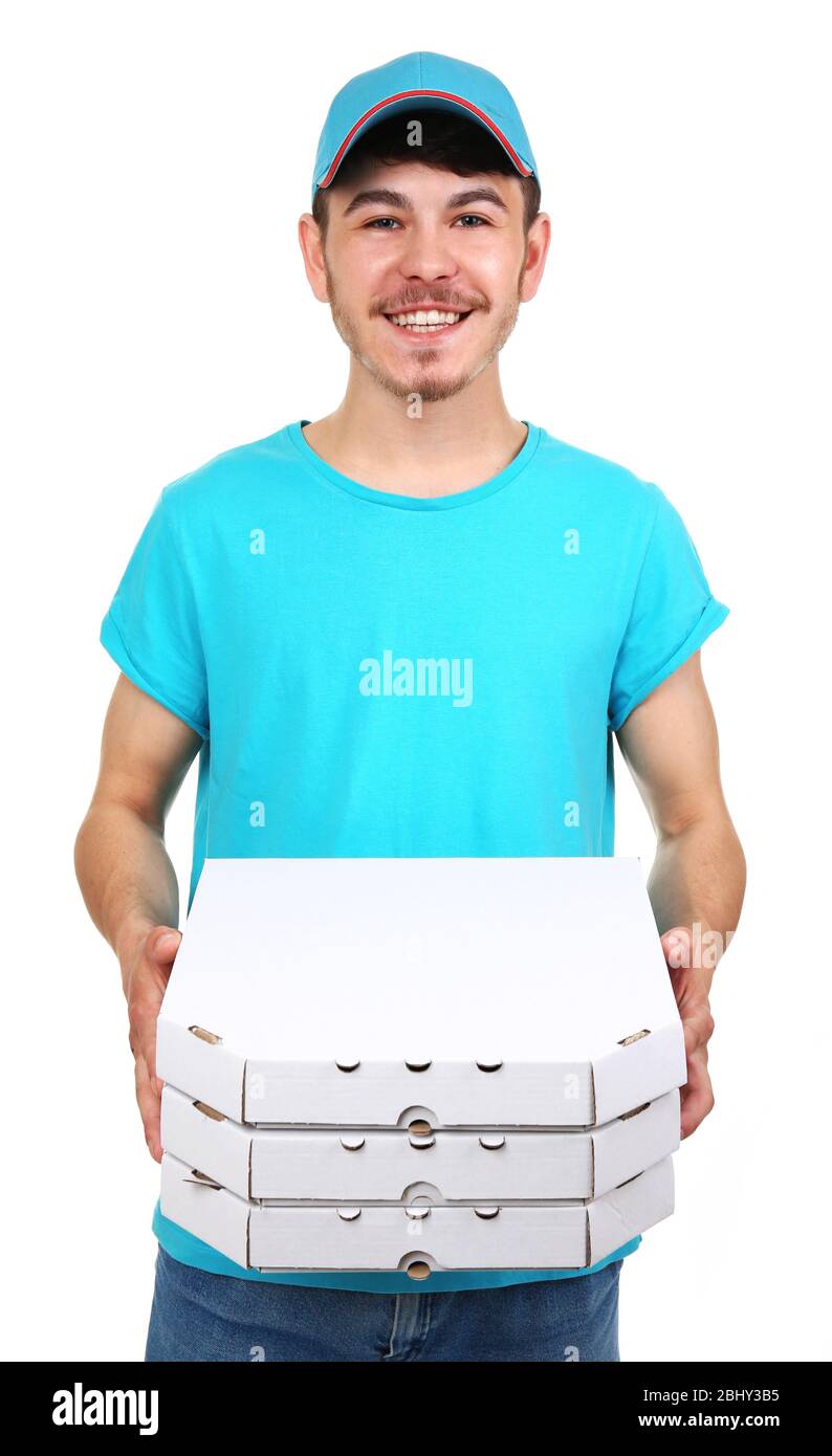 Delivery boy with cardboard pizza box isolated on white Stock Photo - Alamy
