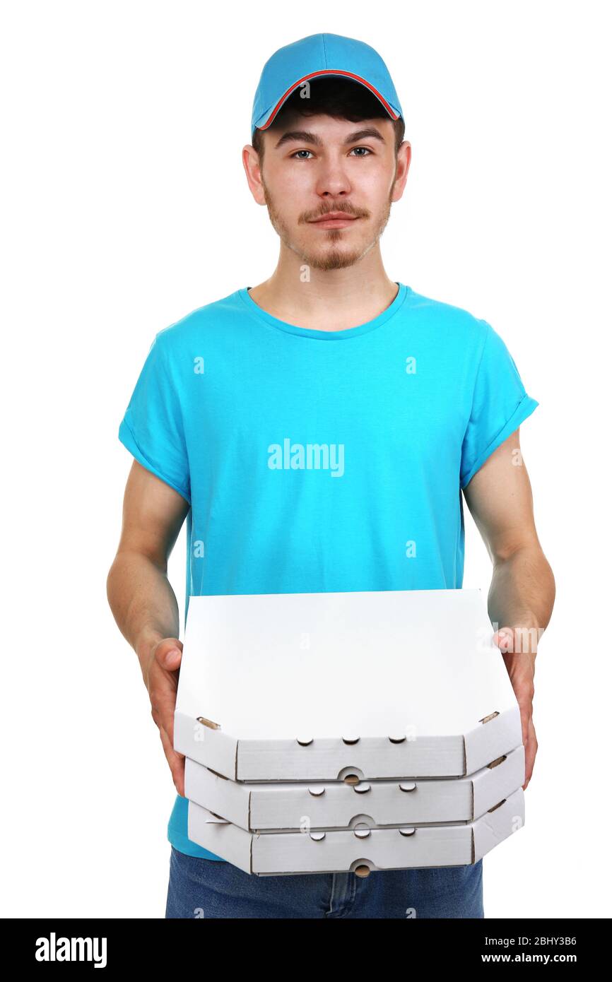 Delivery boy with cardboard pizza box isolated on white Stock Photo - Alamy