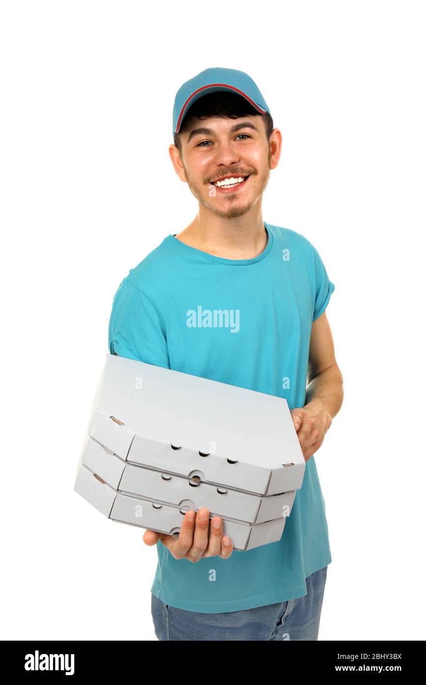 Delivery boy with cardboard pizza box isolated on white Stock Photo - Alamy