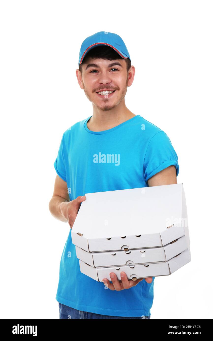 Delivery boy with cardboard pizza box isolated on white Stock Photo - Alamy