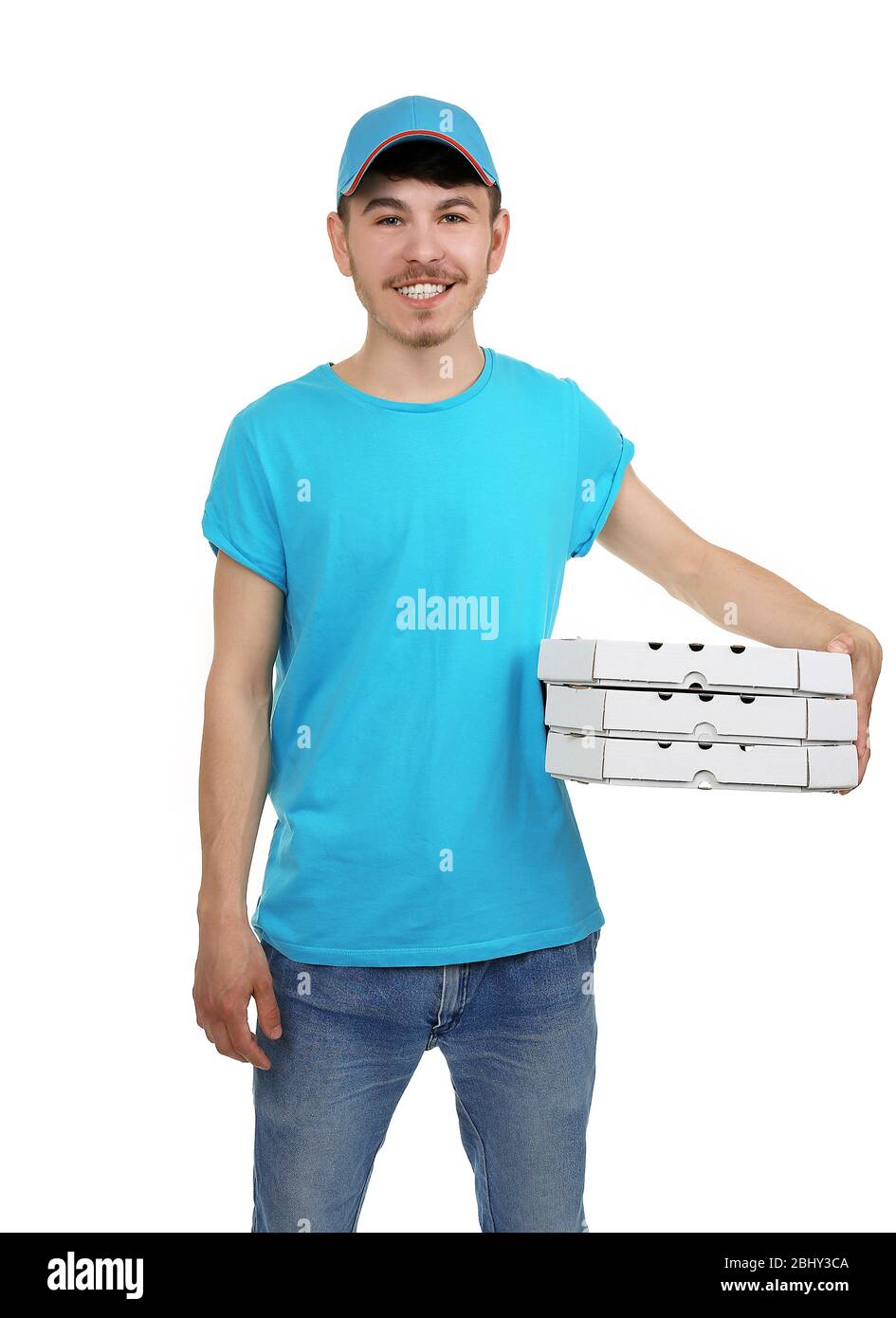 Delivery boy with cardboard pizza box isolated on white Stock Photo - Alamy