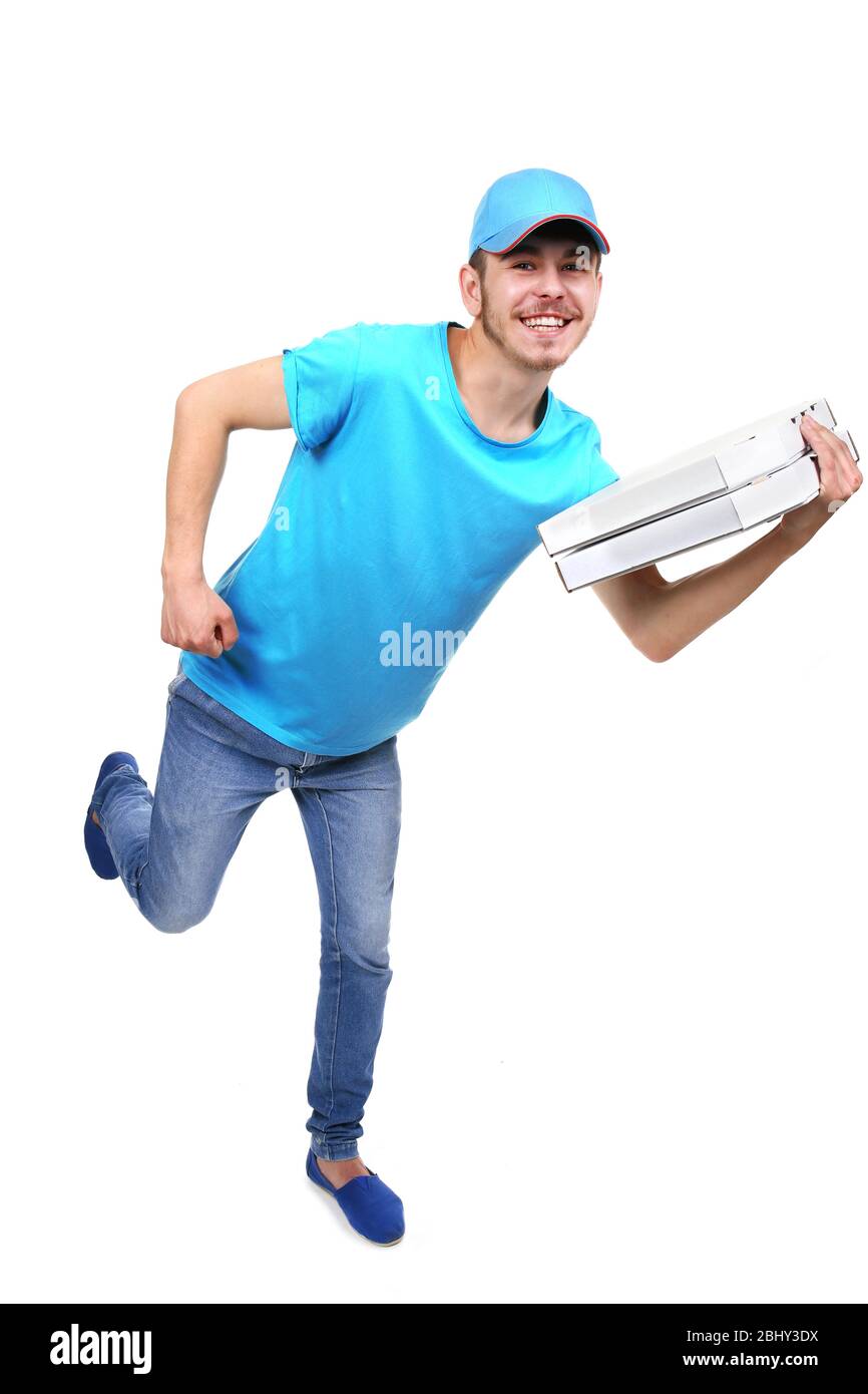 Delivery boy with cardboard pizza box isolated on white Stock Photo - Alamy