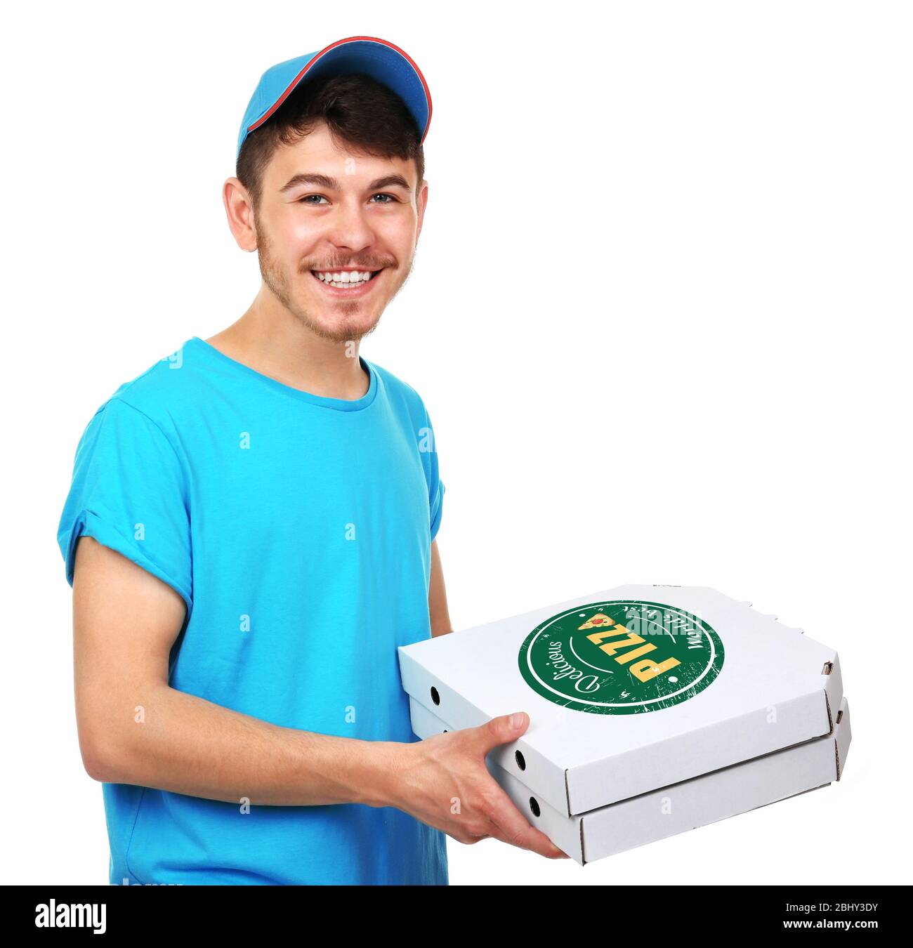 Delivery boy with cardboard pizza box isolated on white Stock Photo - Alamy