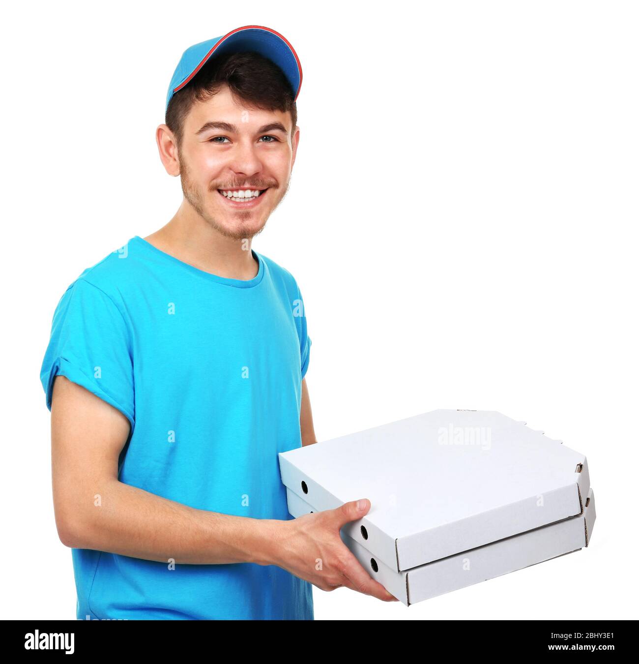 Delivery boy with cardboard pizza box isolated on white Stock Photo - Alamy