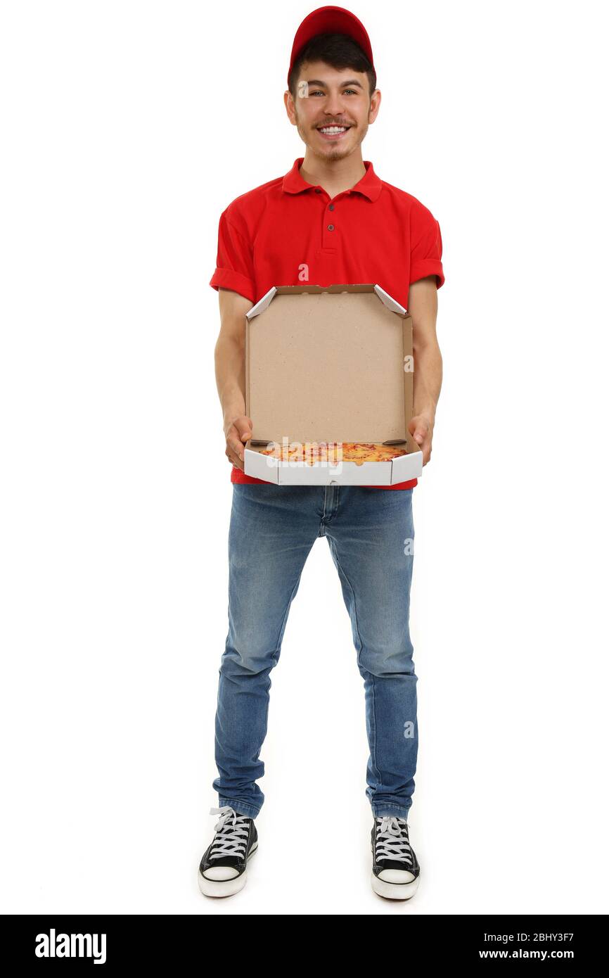 Delivery boy with cardboard pizza box isolated on white Stock Photo - Alamy
