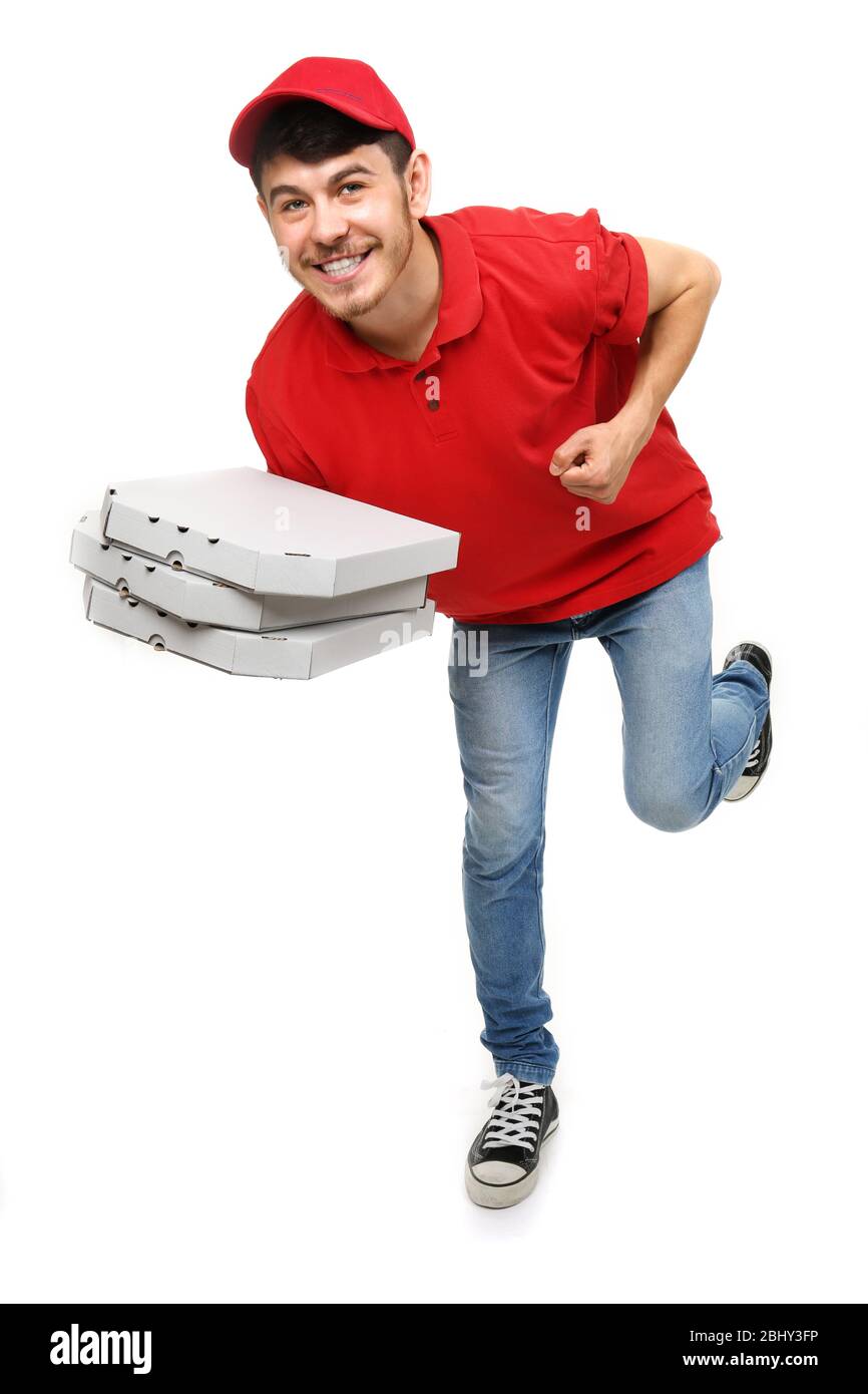 Delivery boy with cardboard pizza box isolated on white Stock Photo - Alamy