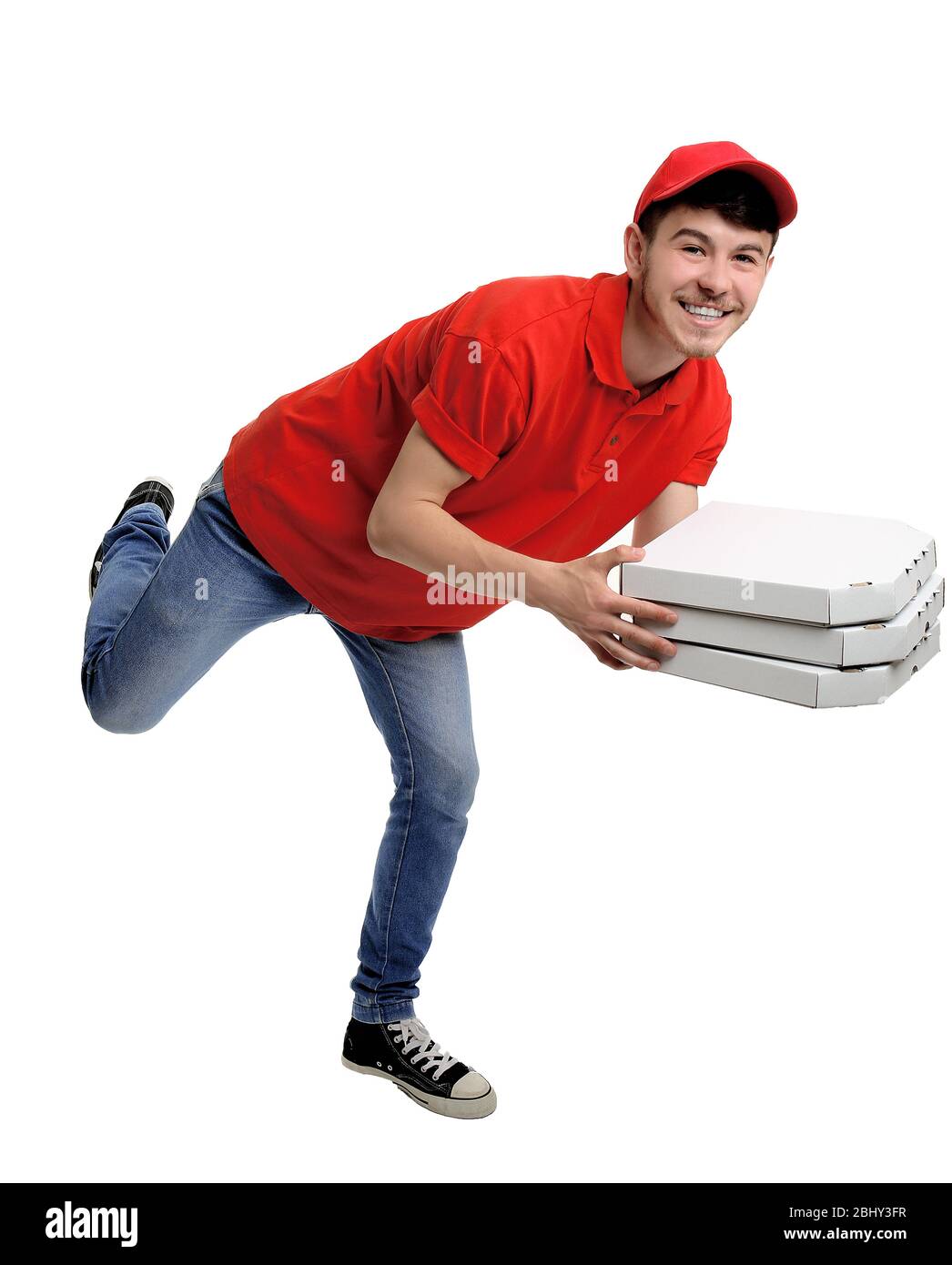 Delivery boy with cardboard pizza box isolated on white Stock Photo - Alamy