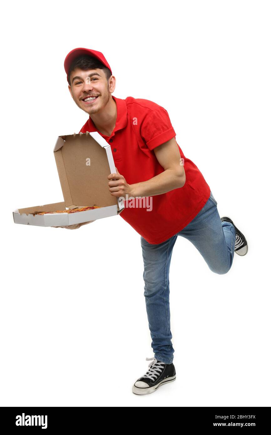 Delivery boy with cardboard pizza box isolated on white Stock Photo - Alamy