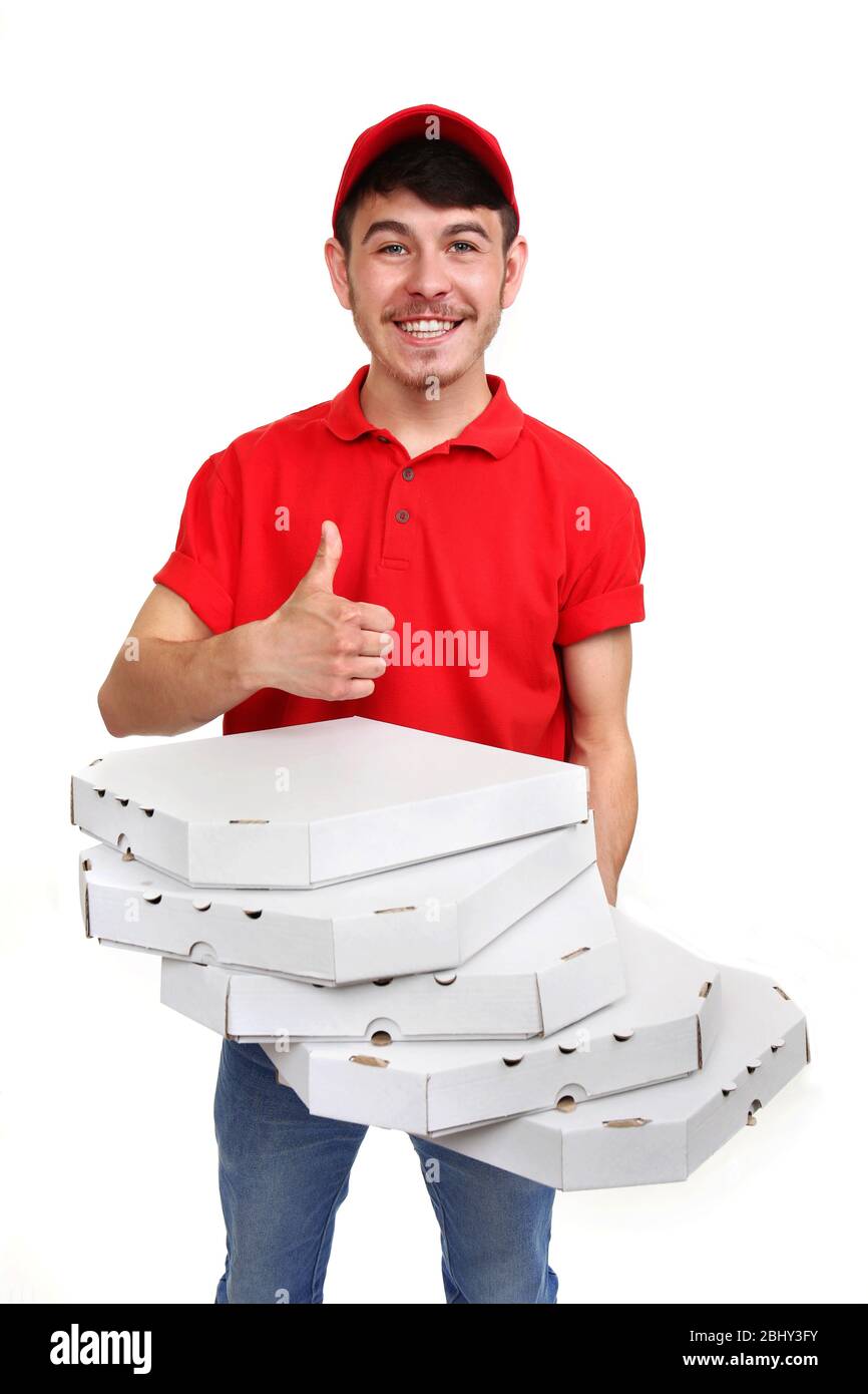 Delivery boy with cardboard pizza box isolated on white Stock Photo - Alamy