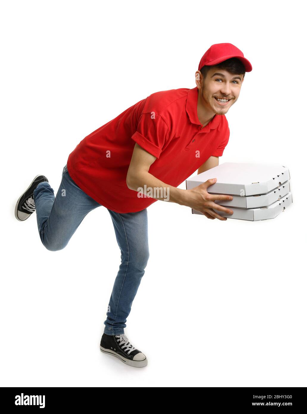 Delivery boy with cardboard pizza box isolated on white Stock Photo - Alamy