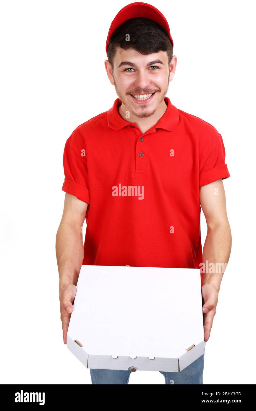 Delivery boy with cardboard pizza box isolated on white Stock Photo - Alamy