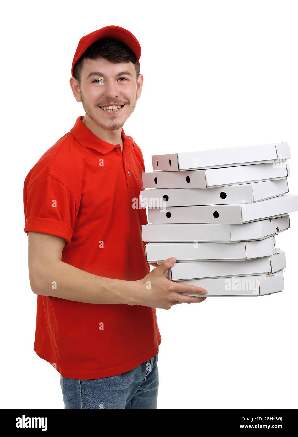 Delivery boy with cardboard pizza box isolated on white Stock Photo - Alamy