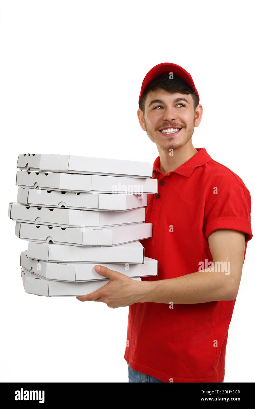 Delivery boy with cardboard pizza box isolated on white Stock Photo - Alamy
